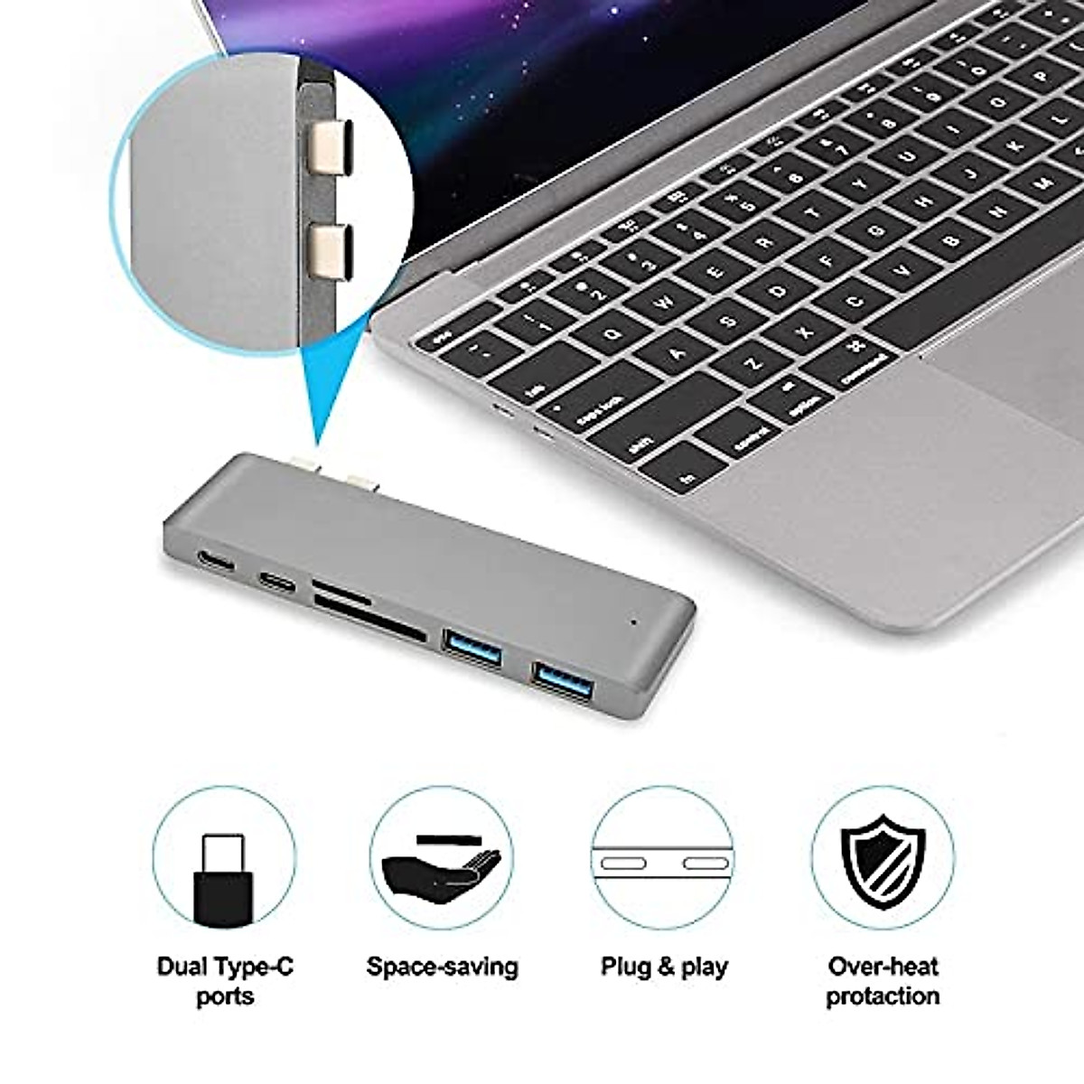SHYPT Multifunctional USB-C Hub ，USB Hub 6 in 1 Type-C USB-C Hub Adapter Dual USB 3.0 Port