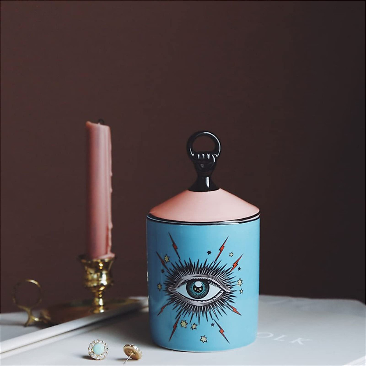 Big Eye Starry Sky Aromatherapy Candle Jar with Lid Ceramic Makecup Cotton Swab Holder Home Deocrative Bottler, Home Fireplace Kitchen Dining Decor for Living Room Knick Knacks Candle Holders