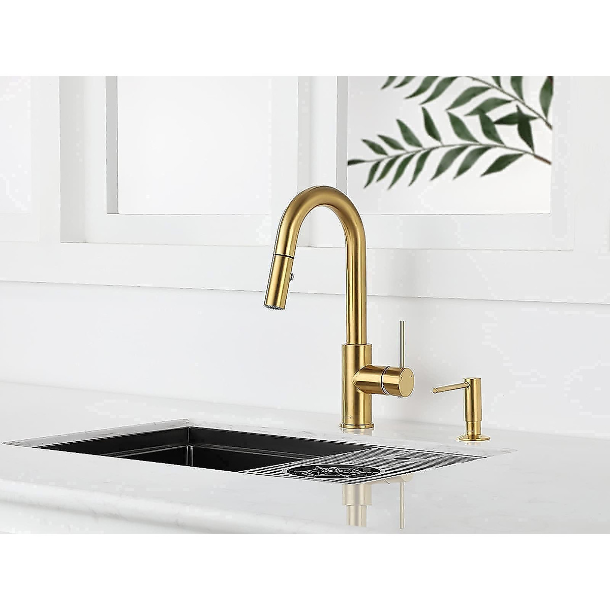 AguaStella AS59BG Brushed Gold Pull Down Bar Faucet and ASF026BG Brushed Gold Built in Soap Dispenser Combination