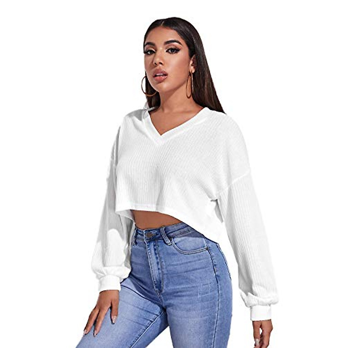 SheIn Women's Pullover Cropped Tshirt Long Sleeve V Neck Casual Crop Tops White X-Large