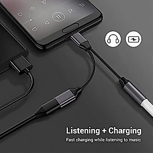 USB C to 3.5mm Headphone and Charger Adapter, 2 in 1 USB C Splitter to Audio Jack & Fast Charging Dongle Cable, Compatible with Samsung Galaxy S20 S21+, Note 20 10, Google Pixel 2 3 4 XL