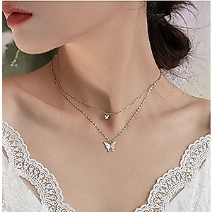 SLUYNZ 925 Sterling Silver CZ Butterfly Choker Necklace for Women Butterfly Layered Necklace Chain (A-Silver)