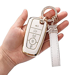5 Button Ford Key Fob Cover with Keychain Soft TPU Full Protection Car Key Case for Edge Expedition Explorer Bronco Escape Mustang F150 Fusion Ranger Key Case Shell Remote Control,White