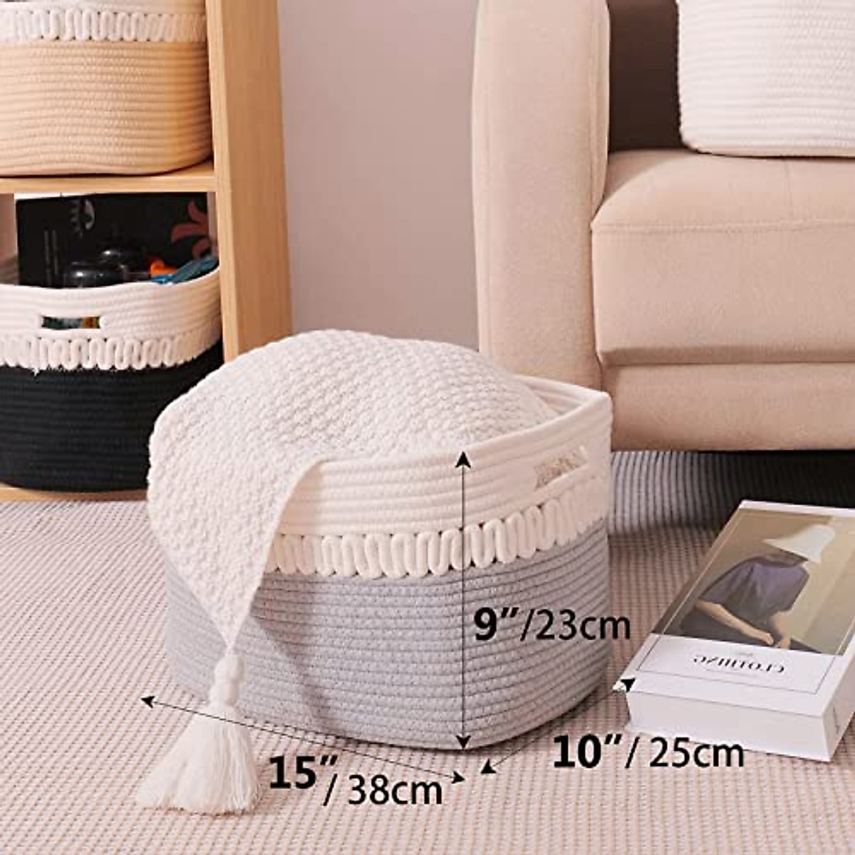 AROPEME Cotton Rope Basket | 15"x10"x9" Rectangle Woven Storage Basket for Toys Books Towels Shelves | Coiled Decorative Basket with Handle for Living Room Bathroom | Baby Nursery Bin, Grey