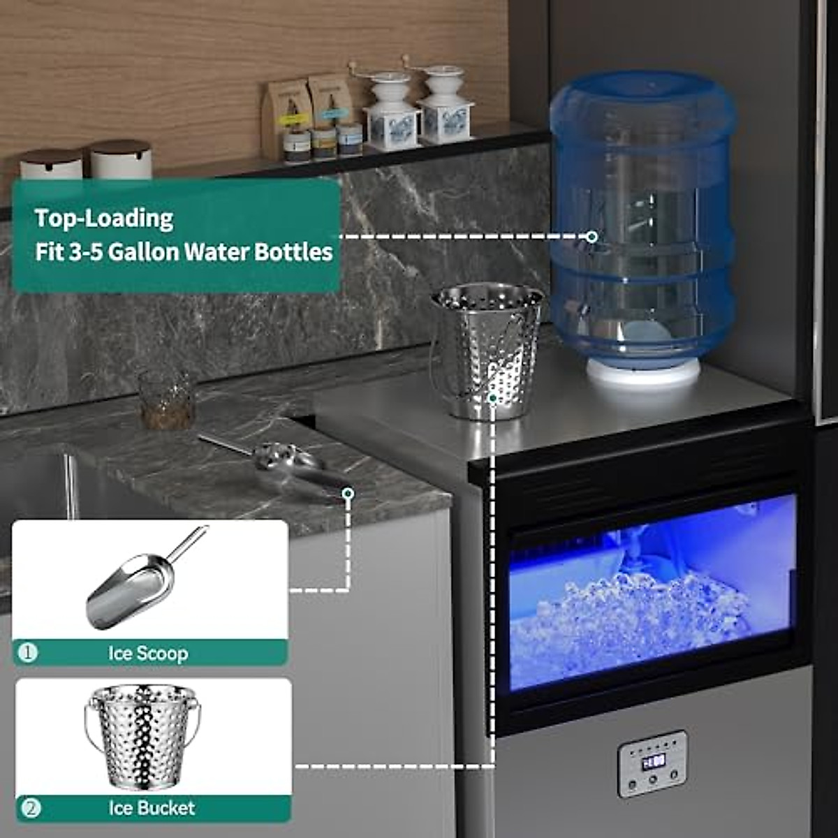 YITAHOME 200 LBS Commercial Ice Maker Machine Under Counter, Large Free Standing Ice Maker Undercounter for Home Bar Restaurants Bar with 48LBS Storage Bin Stainless Steel Ice Scoop Ice Bucket