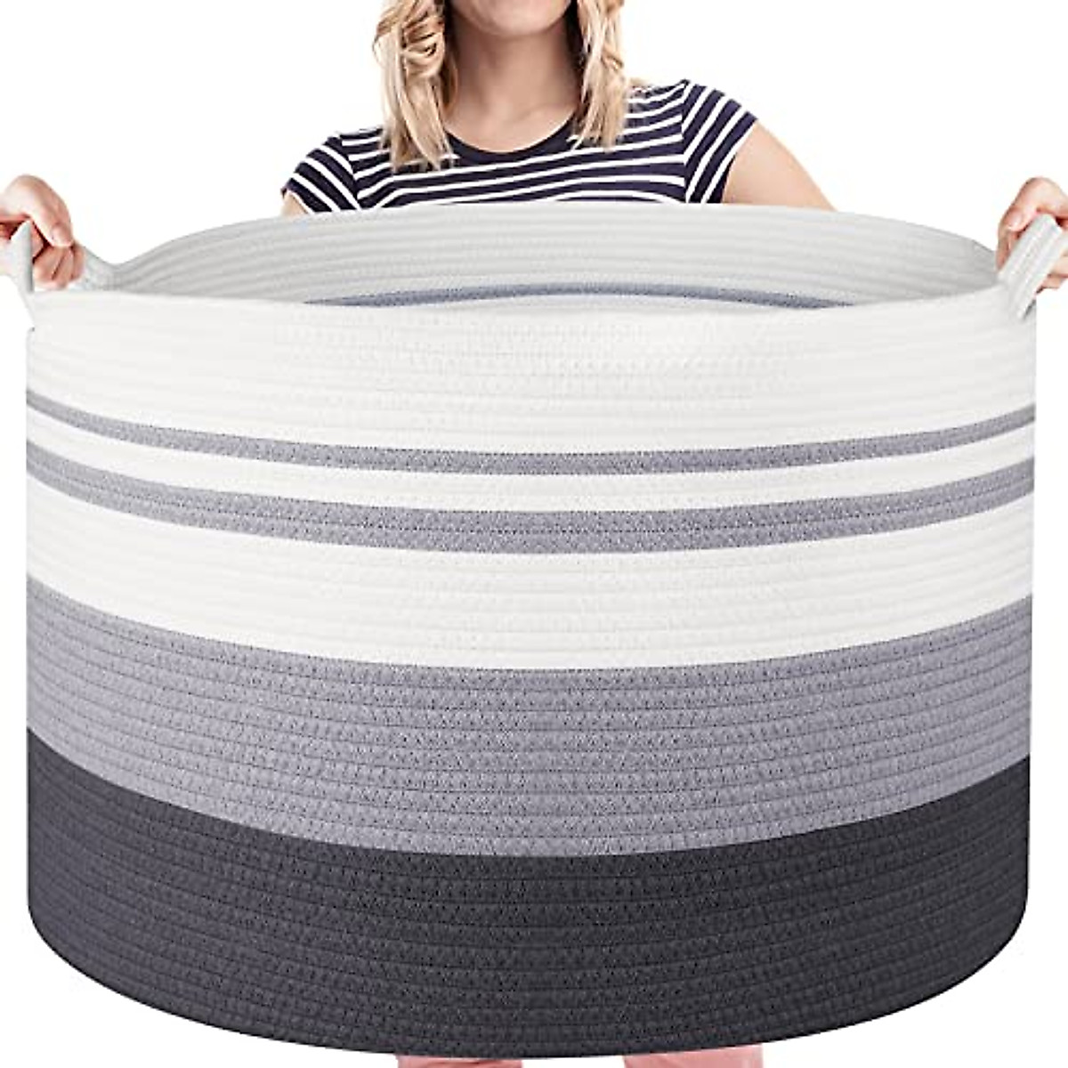 WISELIFE Storage Basket Large Cotton Rope Basket 21.7"x 21.7" x 13.8" Baby Laundry Basket with Handle Big Basket Soft Nursery Cube Bin Durable Laundry Hamper for Living Room(Gradient Grey)