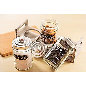 15.5 oz Set of 3 Condiment Pots Food/Seasoning/Spice Storage/Jar/Containers with Label and Aluminum Lid with Wooden Rack/Shelf/Tray/Holder for Kitchen or Coffee Bar, Suitable for Storing Salt, Sugar, Tea etc