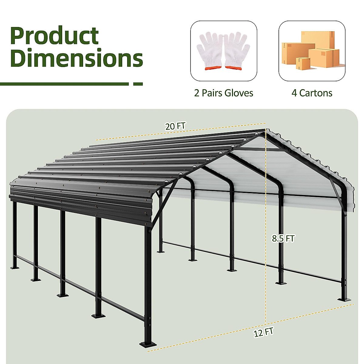 JAMFLY 12X20 FT Carport, Heavy Duty Carport Canopy with Galvanized Steel Roof and Frame, Metal Carport Upgraded Extra Large Garage for Pickup, Boat, Car and Tractors