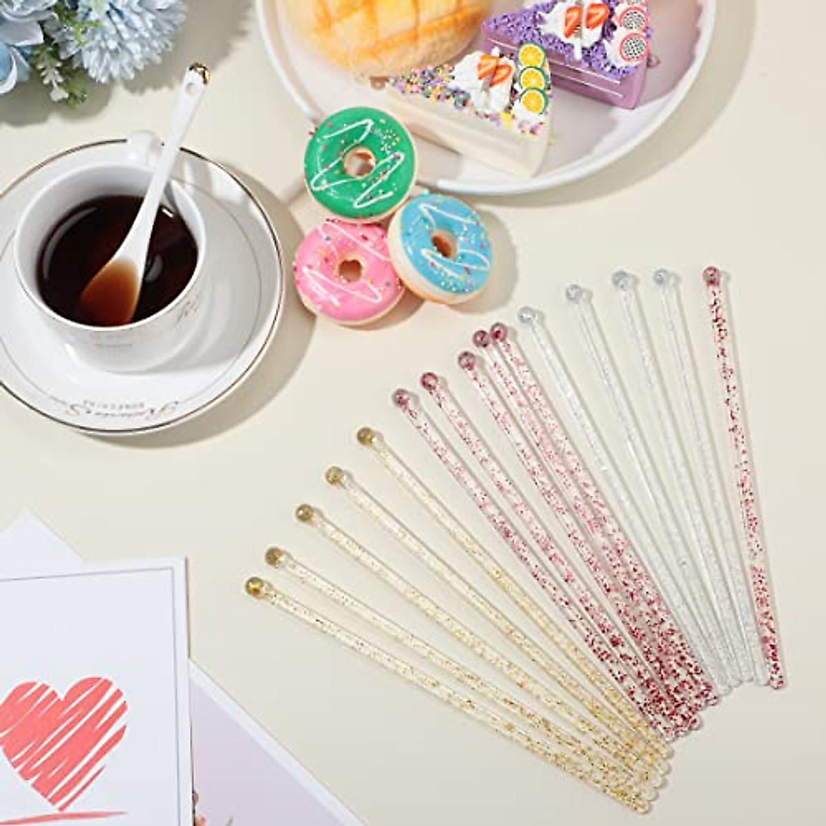 100 Pieces Disposable Plastic Round Top Crystal Swizzle Sticks Glitter Plastic Swizzle Sticks Cocktail Coffee Drink (Silver, Gold, Red)