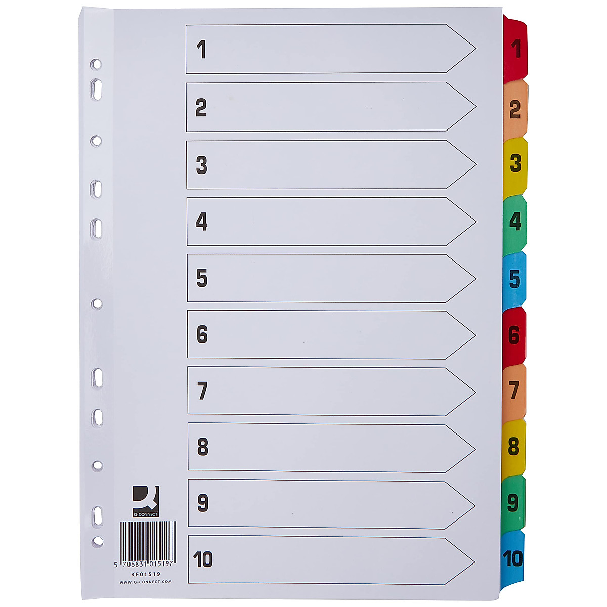 Q-Connect KF01519 Index Reinforced Multi-Colour 1-10 Numbered Tabs