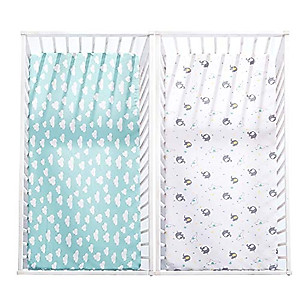 Crib Sheets Neutral, 2 Pack Fitted Crib Sheets Set, Printed Crib Sheets for Boys and Girls, Soft and Breathable Silky Microfiber Baby Sheet Fits Standard Crib and Toddler Mattress, Elephant & Clouds