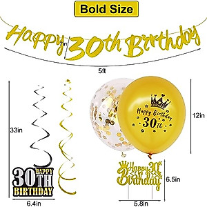WOJOGO 30th Birthday Decorations for Him, Gold Black 30 Birthday Decorations for Women Men, Happy 30th Birthday Banner Hanging Swirls Birthday Cake Topper Balloons Decor Kit for Party Supplies