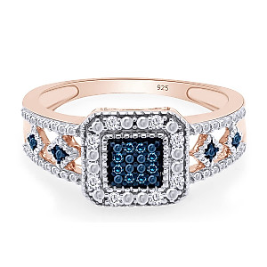 AFFY 1/10 Carat Round Cut Enhanced Blue And White Natural Diamond Square Frame Wedding Band In 14k Rose Gold Over 925 Sterling Silver (Clarity : I2-I3, Color : I-J, 0.10 Cttw) Size -4
