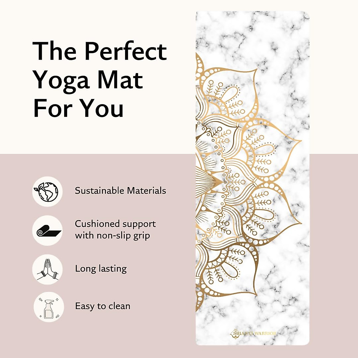 Shakti Warrior Lotus yoga mat - Premium Printed Natural Eco-friendly Non-Slip Mat Great for Hot Yoga, Pilates, Workouts (72 inch x 24 inch x 3mm thick)