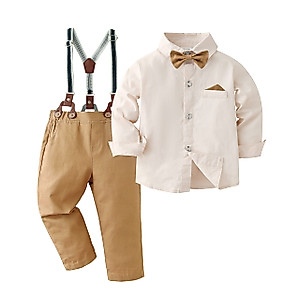 DISAUR Boys Church Outfit Apricot Brown Long Sleeve Dress Shirt Bow Tie Suspender Pants Toddler Formal Outfit Boy 2t 3t 2-3t