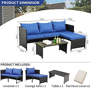 Valita 3-Piece Outdoor PE Rattan Furniture Set Patio Black Wicker Conversation Loveseat Sofa Sectional Couch Royal Blue Cushion