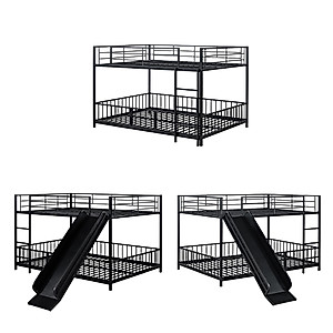 Bellemave Full Over Full Bunk Bed with Slide and Ladder, Metal Bunk Bed for Kids, Girls, Boys, Removable Fence, Low Bunk Bed with Slide, with Door, Black