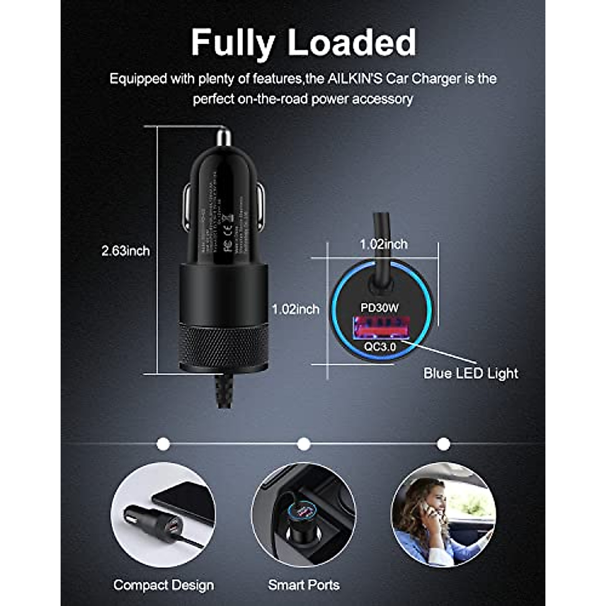 48W USB C Car Charger Fast Charging, 2Port Cigarette Lighter Adapter with 3FT Type C Phone Charger Cable for Samsung Galaxy S23 S22 S21 S20 A03s A13 Z Flip 4, Pixel 7 Pro 6a, iPhone 14 Plus, Moto
