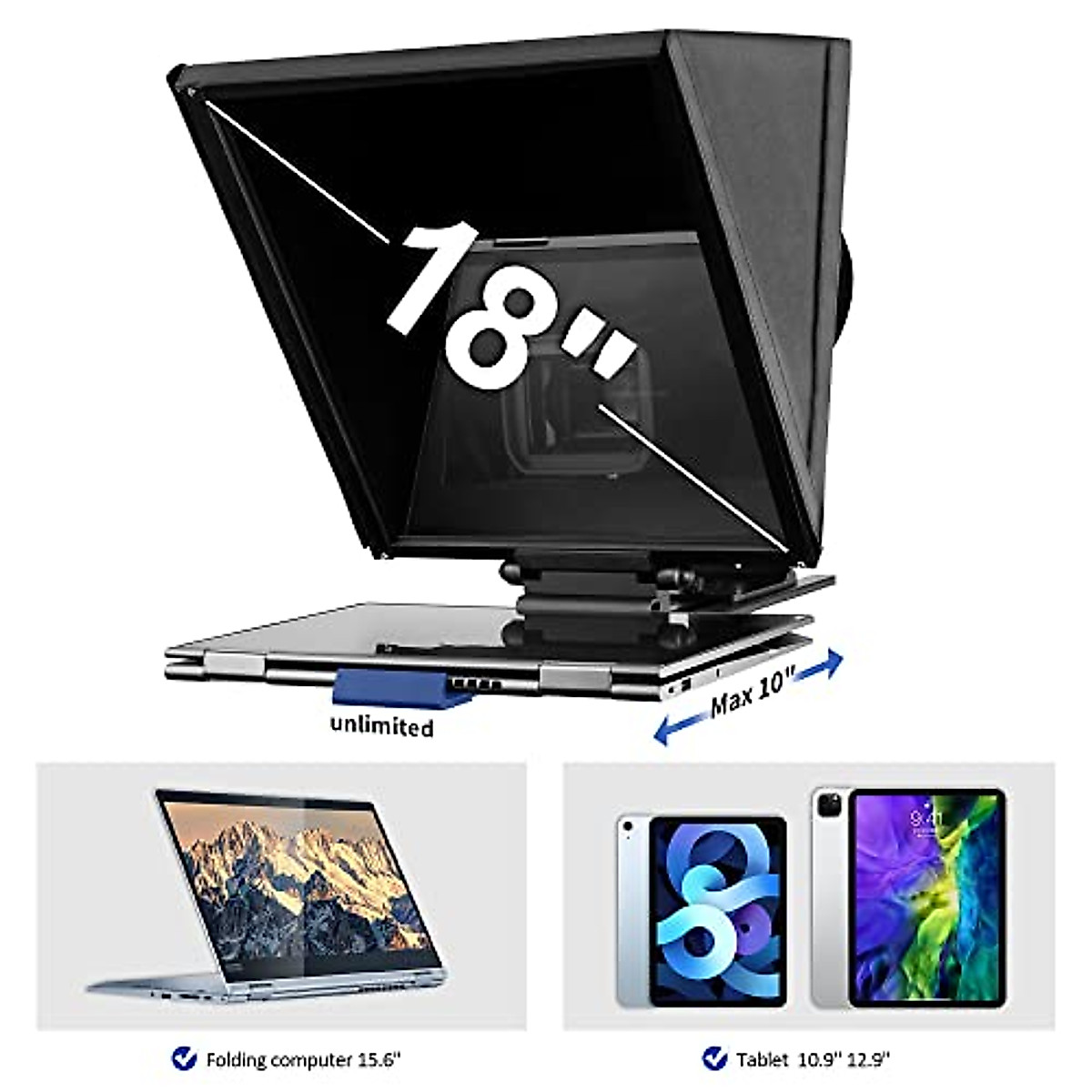 ILOKNZI i6/18 inch Wide Angle Teleprompter for 15.6" 360⁰ Hinge Laptop/Tablet with Adjustable Supports Wide-Angle Camera Lens, Prompter/Wedding Shooting/Facial Capture (18"-Max)