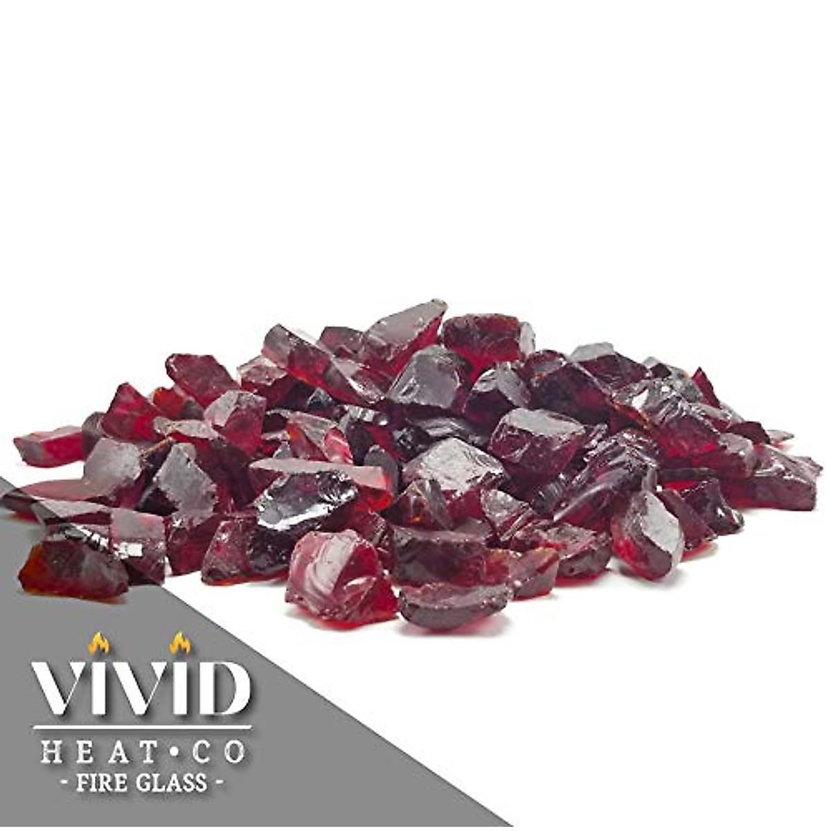 VIVID Heat (5-POUNDS Ruby Red Premium Indoor & Outdoor Crushed Fire Glass Rock Large 1/2, 3/4 & 1" inch Chunky Size - Glass for Use in Gas Fire Pit, Fireplace, Fire Table Etc. (Ruby Red)