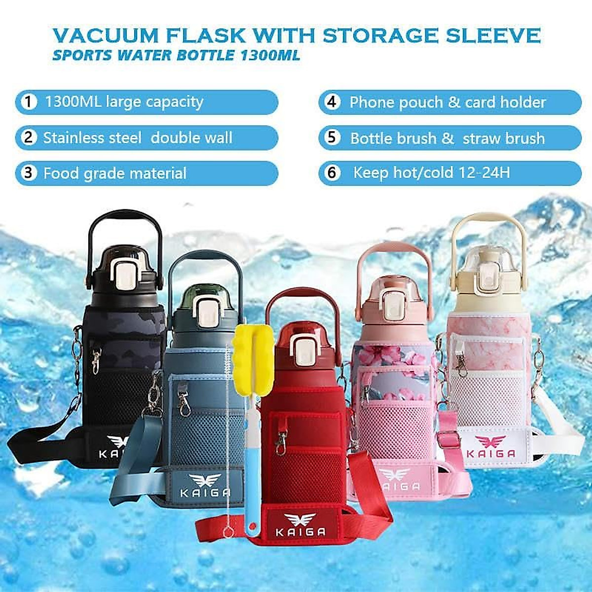 44 Oz Stainless Steel Water Bottle with Straw, Insulated Double Walled Thermos with Wide Mouth and Leak Proof Lid, Jug with Handle, Straw and Sleeve - Large BPA Free Metal Flask