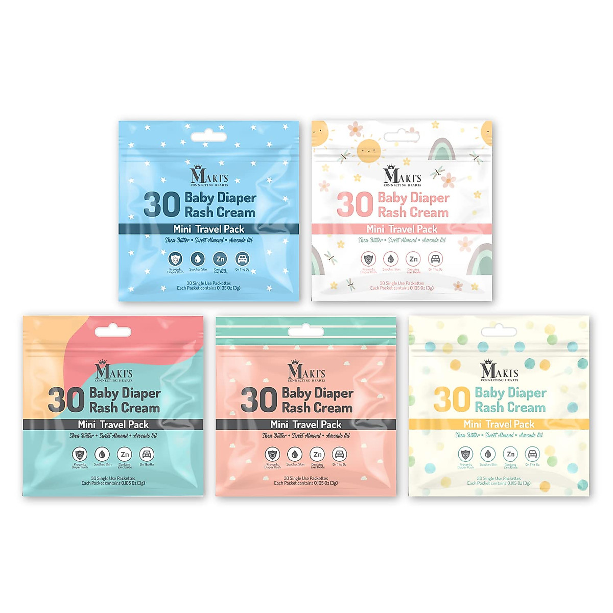 30 x Travel Size Diaper Rash Cream | Individually Wrapped Packets | Travel Size Diaper Cream and Ointment for Treatment & Prevention of Diaper Rash | Safe for Baby's Sensitive & Delicate Skin (Tricolor)