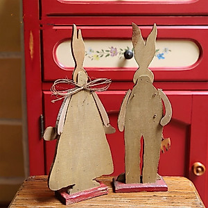 HANTURE 2pcs Easter Wood Bunny Tabletop Ornaments Farmhouse 15 Inch Cute Rabbit Couple Figuri Brownyellow