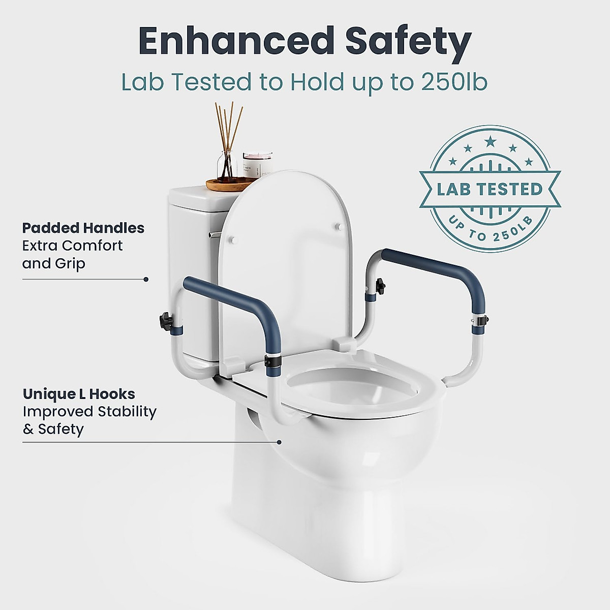 PELEGON Toilet Safety Rails (250lb) - Adjustable Toilet Safety Rails, Toilet Bar for Elderly Adults, Toilets Rails for Seniors, Toilet Seat with Handles for Elderly & Disabled Toilet Grab Bar - 1 Pack