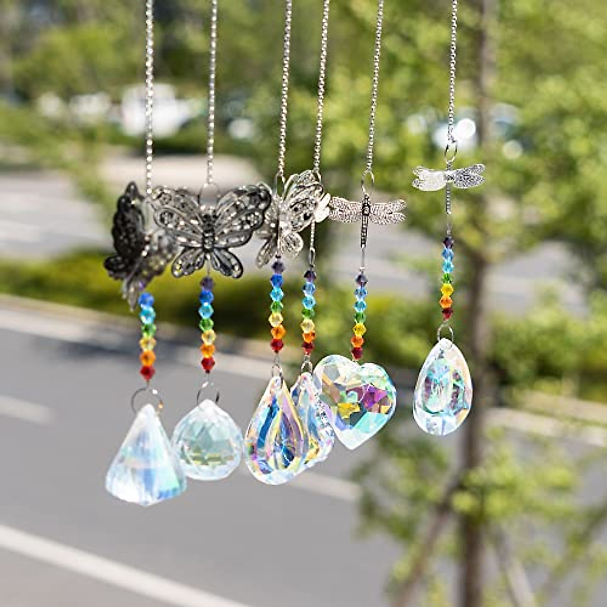 6pcs Crystal Suncatchers with Crystal Prisms Dragonflies and Butterflies Rainbow Maker Chandelier Pendant Garden Hanging Sunlight Catcher Ornament for Home Cars Decoration