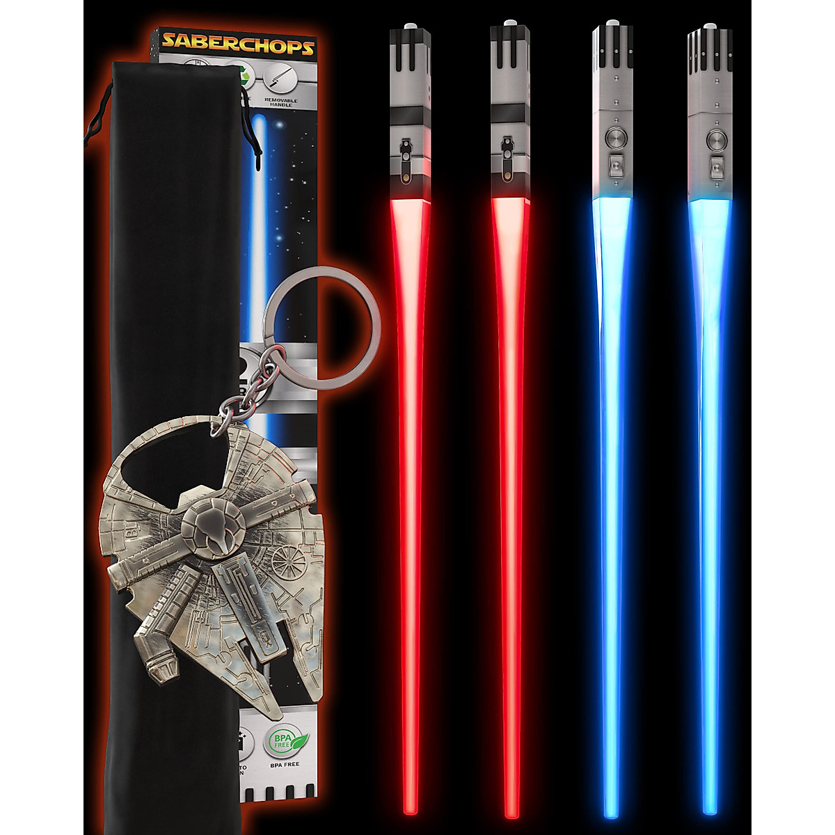SaberChops Lightsaber Chopsticks Star Wars Gifts LED Light Up Reusable Light Saber Removable Handle Dishwasher Safe Red & Blue 2 PAIRS & FREE Millennium Falcon Keychain Bottle Opener,Red & Blue