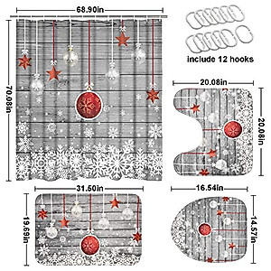 Ikfashoni 4 Pcs Christmas Shower Curtains Set with Non-Slip Rugs, Toilet Lid Cover and Bath Mat, Grey Vintage Wooden Shower Curtain with 12 Hooks, Xmas Snowflake Shower Curtain for Bathroom