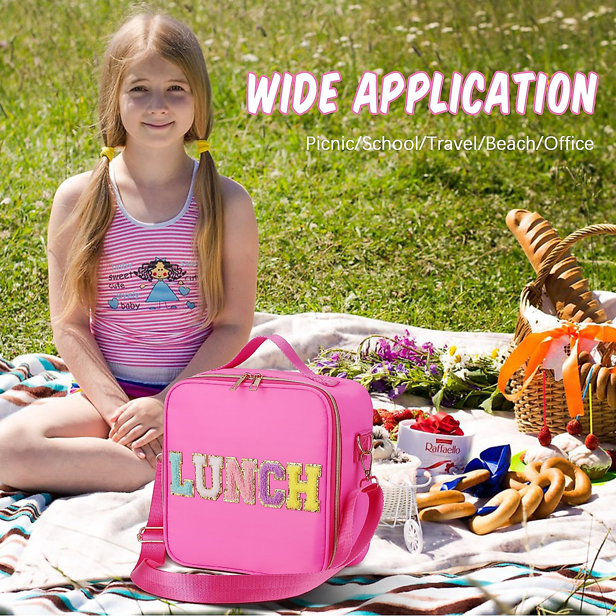 Lunch Bag for Women, Insulated Lunch Box for Girls, Personalized Preppy Lunch Box with Adjustable Shoulder Strap, Reusable Lunch Tote Bag with Letter for Kids Adult, School Office Picnic(rosy red)