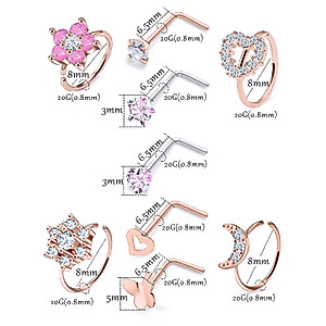 Goerhsjie 20g Nose Rings Hoops Studs Piercings Jewelry for Women Men Surgical Stainless Steel Rose Gold l Shaped Shape Bar Stuf 20 Gauge Hypoallergenic Butterfly Nostril Aretes para La Nariz