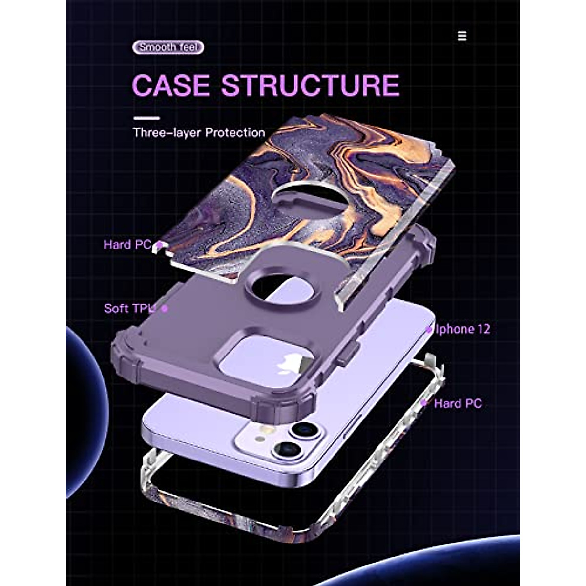 LONTECT for iPhone 12 Case/iPhone 12 Pro Case Shockproof 3 in 1 Heavy Duty Hybrid Sturdy High Impact Rugged Durable Protective Cover Girls Women Case for Apple iPhone 12/12 Pro,Marble/Dark Purple