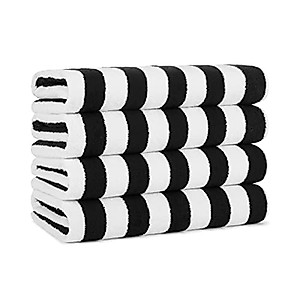Arkwright California Cabana Stripe Beach Towel - Pack of 4 - Large Soft Quick Dry Cotton Terry Towels Set for Pool, Swim, and Hot Tub, Oversized 30 x 70 in, Black