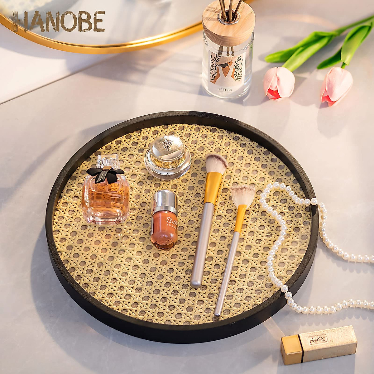 Hanobe Round Decorative Coffee Tray: Coffee Table Trays Decor Circle Rattan Tray with Black Wooden Frame for Storage & Display Serving Tray for Counter Living Room Dresser Makeups