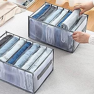 Mesh Wardrobe Clothes Organizer for Jeans and shirt, Upgraded Sturdy Large Drawer storage box for Clothing with Handle Foldable, Drawer Organizers Clothes (4 Packs: Shirt+Jeans+T-Shirt, Grey)