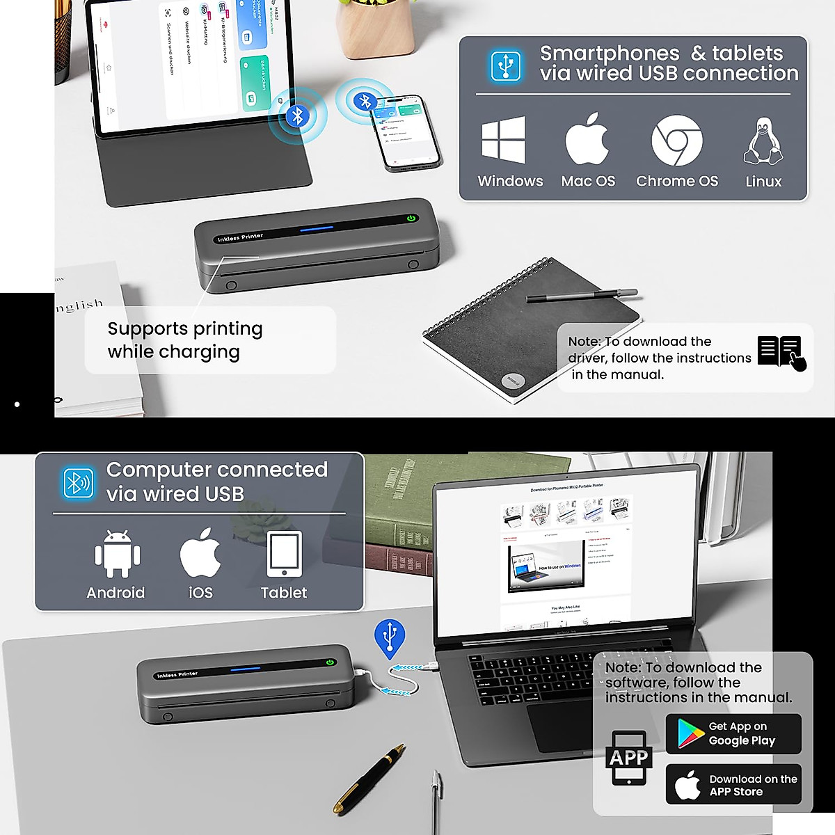 Portable Printer Wireless Travel Compatible with Apple iPhone iPad Android - A4 Inkless Printer Support 8.5x11"/8.26"/4"/3"/2" Thermal Pirnter Paper - Bluetooth Printer for Home Office Dorm Vehicle