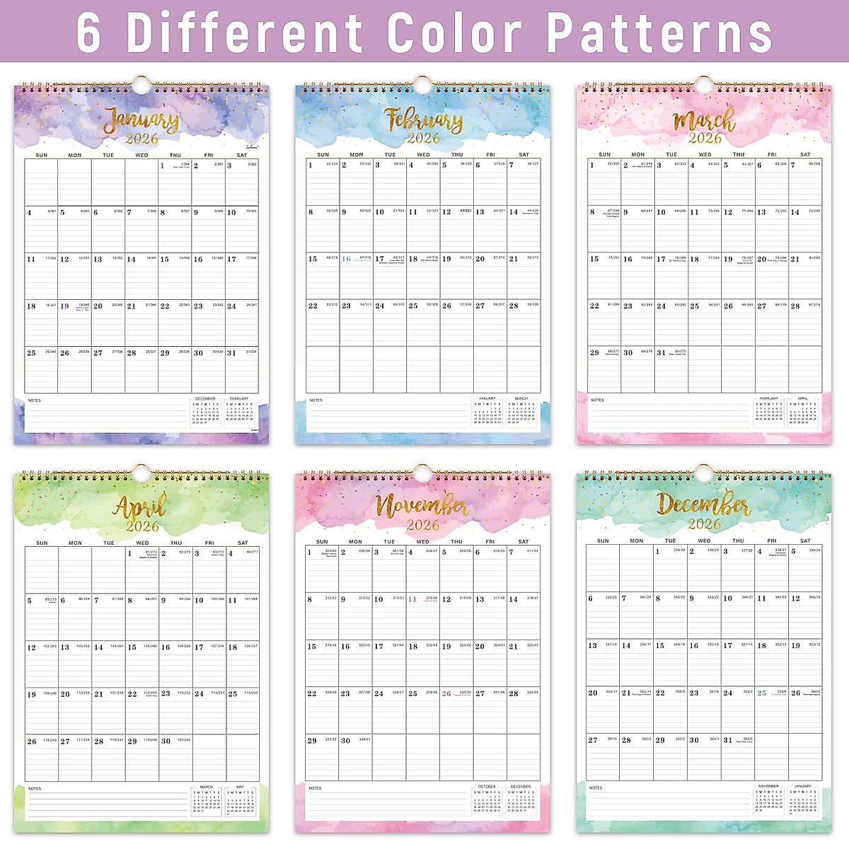 2023-2024 Wall Calendar - 18 Monthly Wall Calendar 2023-2024, 12" x 17", Jul. 2023 - Dec. 2024, Twin-Wire Binding, Hanging Hook, Blocks and Julian Dates - Colorful Waterink