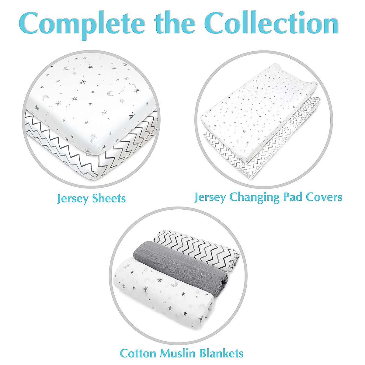 American Baby Company Fitted Pack N Play Playard Sheet 27" x 39", Soft Breathable 100% Cotton Jersey Pack and Play Sheet, Grey Stars and Moons, for Boys and Girls, Fits Most Mini Crib Mattresses