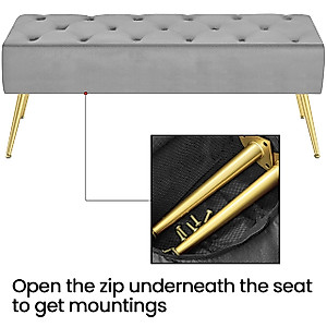 Yaheetech Modern Ottoman Bench Velvet Bench Upholstered Footrest with Gold Metal Legs and Padded Seat Gray