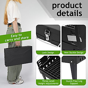 Outvita Portable Charcoal Grill, Outdoor Foldable BBQ Grill with Barbecue Accessories & Lid for Cooking Camping Picnic Hiking Beach Party Patio Smokers, Height Adjustable for 3 to 5 People