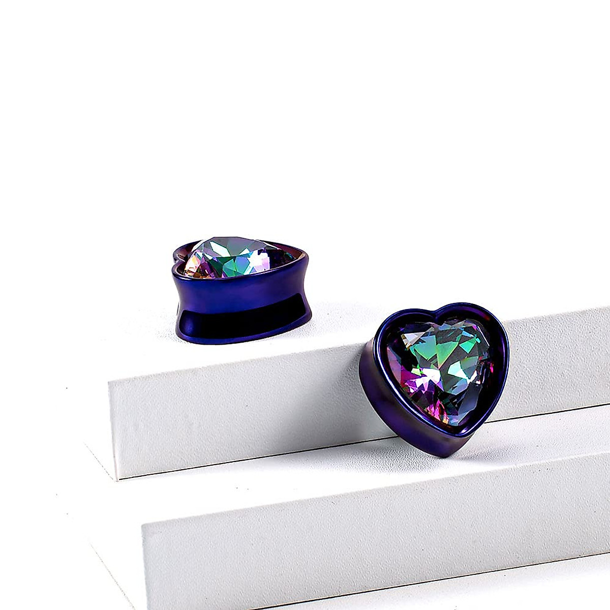 PUNKYOUTH Surgical Steel Heart-Shaped Zircon Double Flared Ear Tunnels And Plugs Stretcher Expander Sold As Pair Gauge 8mm-25mm