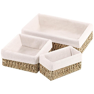 OUTBROS Wicker Storage Basket, Decorative Storage Baskets With Liner for Shelves,Toilet Paper Baskets,Storage Basket for Toilet Tank Top, 3-Pack,Seagrass