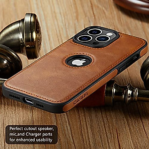 Casus Designed for iPhone 14 Pro Max Case Vegan Leather Slim Logo View Classic Luxury Elegant Thin Protective Cover (2022) 6.7" - Golden Brown