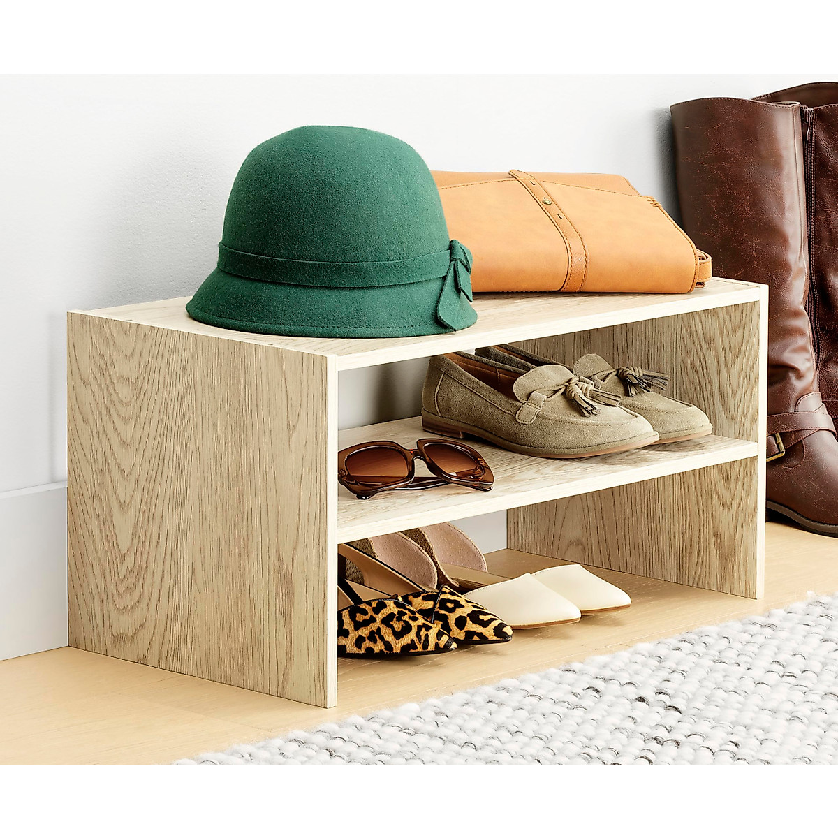 Whitmor Wood Stackable 2-Shelf Shoe Rack, White Oak, 24 inches