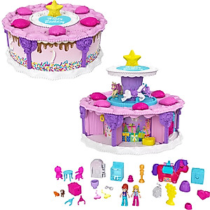 Polly Pocket 2-in-1 Playset, Unicorn Toy with 2 Micro Dolls & 25 Surprise Accessories, Birthday Cake Countdown
