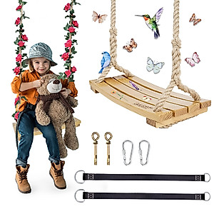 Premkid Wooden Swing, Swing Seat 18"x 8"x 1.4", Tree Swing for Adults and Kids, Indoor Swing with Rose Garland, Adjustable Hemp Rope Plus Tree Straps 100 inch, Swing Set for Indoor Outdoor
