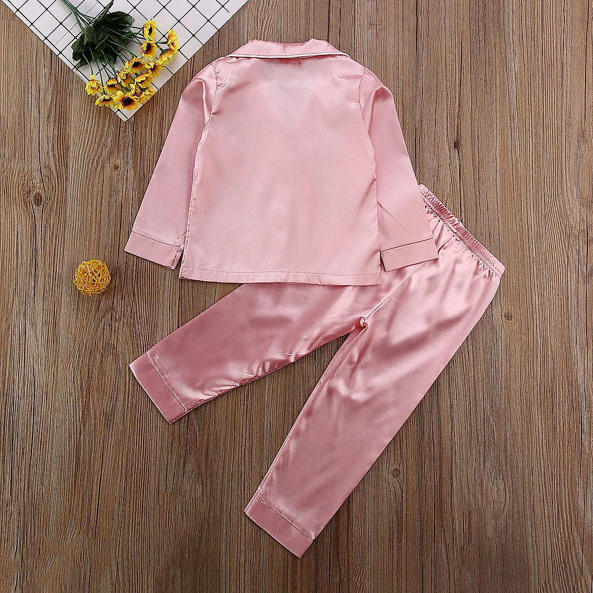 TiendaDeLage Toddler Baby Girl Satin Silk 3 Piece Long Sleve Collared Button Down Shirts and Pants Casual Cute Clothes Pink 4-5T