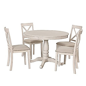 Voohek Kitchen Dining Set, 5-Piece Round Wood Table and Chair, Classic Family Furniture for Dinette, Compact Space, Antique White